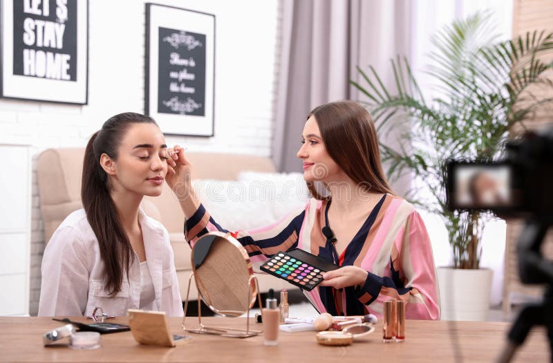 Beauty Blogger Recording Makeup Tutorial with Her Friend Stock Image ...