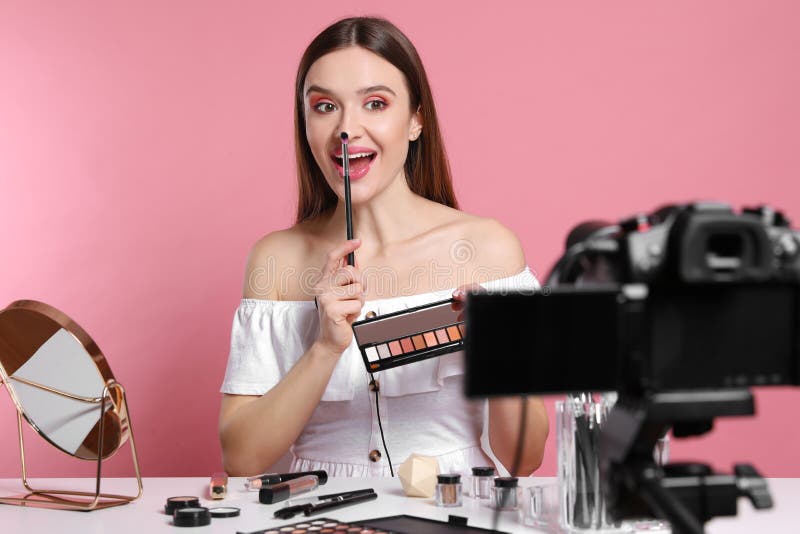 Beauty Blogger Recording Makeup Tutorial on Background Stock Image ...