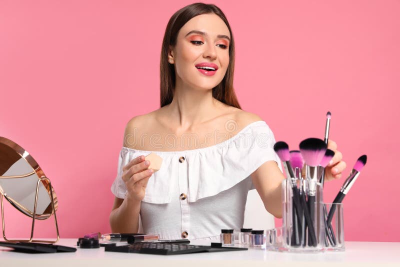 Beauty Blogger with Set of Makeup Brushes on Background Stock Photo ...