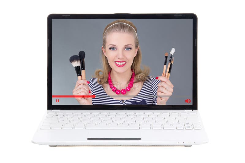 Beauty Blog Concept - Back View of Woman Watching on Laptop Video How ...