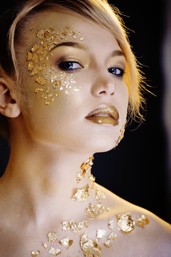 Beauty Blond Woman with Gold Creative Make Up Stock Photo - Image of ...