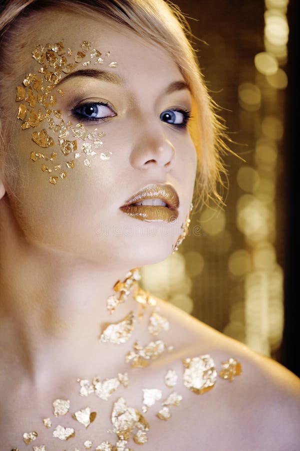 Beauty Blond Woman with Gold Creative Make Up Stock Image - Image of ...
