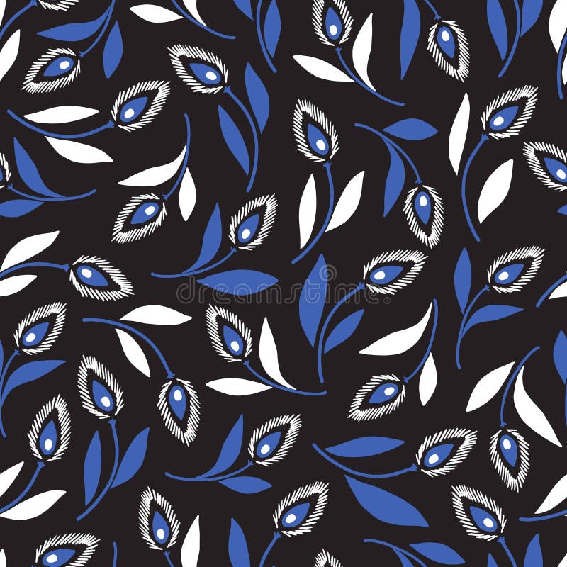 Beauty White and Blue Abstract Floral Night Garden Vector Seamless ...