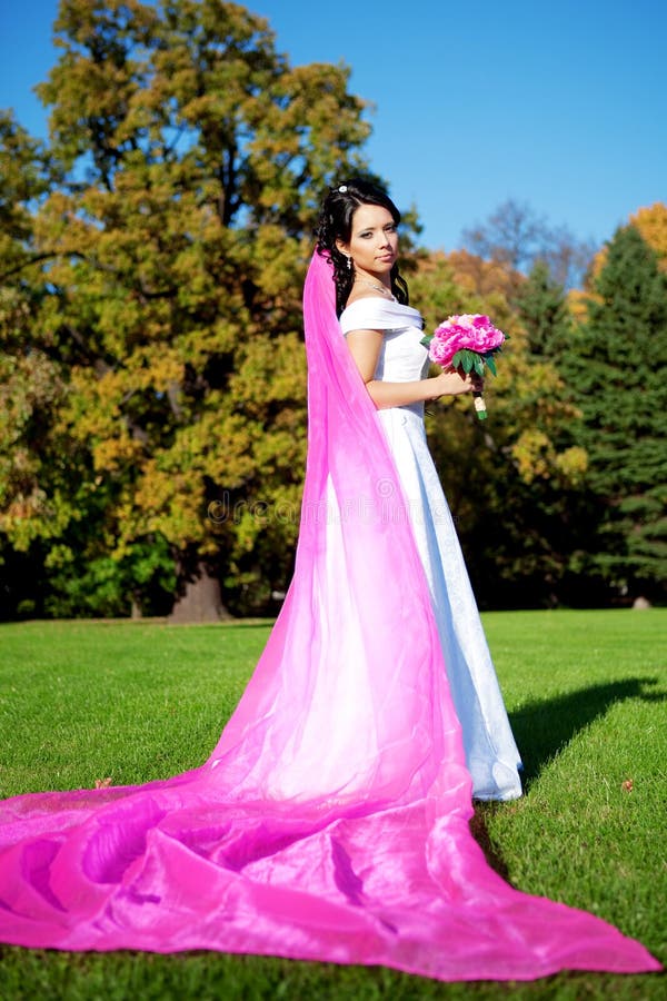 Beauty Bride with a Long Purple Veil Stock Image - Image of glamour ...