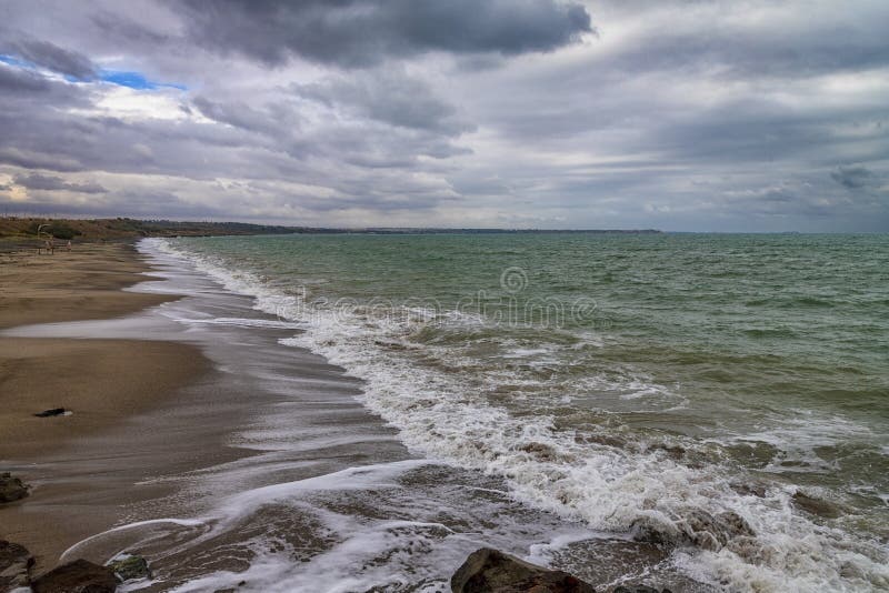 Seascape with Waves Flowing at the Empty Beach Stock Image - Image of ...