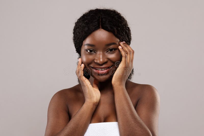 Beauty Concept Attractive Young Black Woman Looking At Mirror And