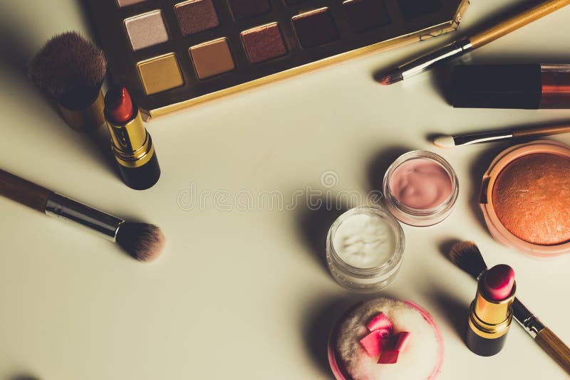 Beauty Concept : Cosmetics Top View on a White Table. Workplace ...