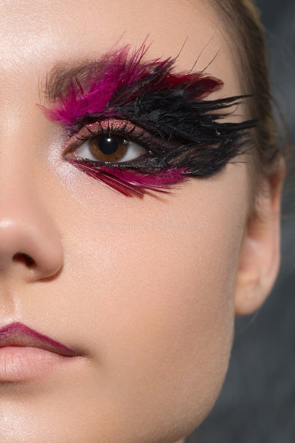 Beauty Creative Makeup with Feathers on Eyes Stock Image - Image of ...