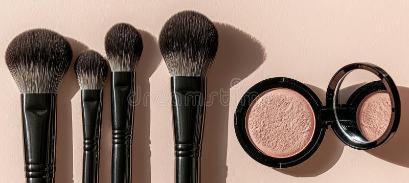Beauty Essentials. Top Down View of Makeup Brushes and Powder Compacts ...