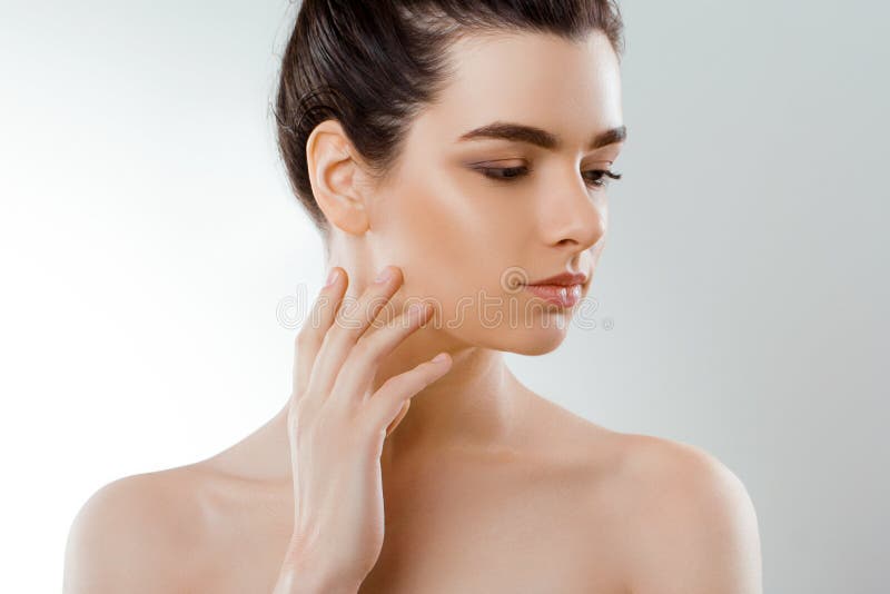 Beauty Face Beautiful Woman With Natural Makeup Touch Own Face Girl