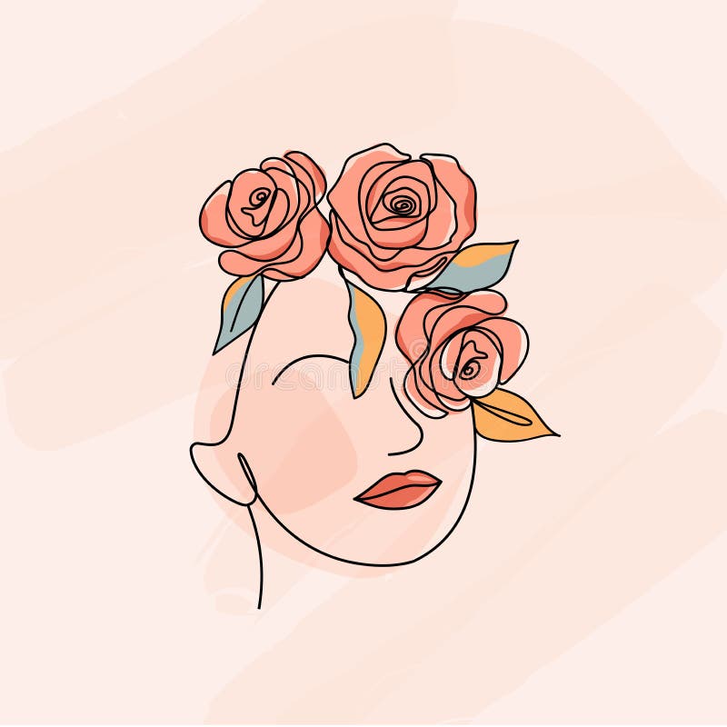 Beauty Face With Flowers Line Drawing Art Minimalism Style Woman With