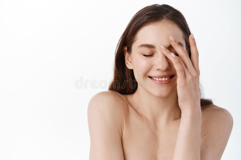 Beauty Face Smiling Caucasian Woman Touching Healthy Skin Portrait