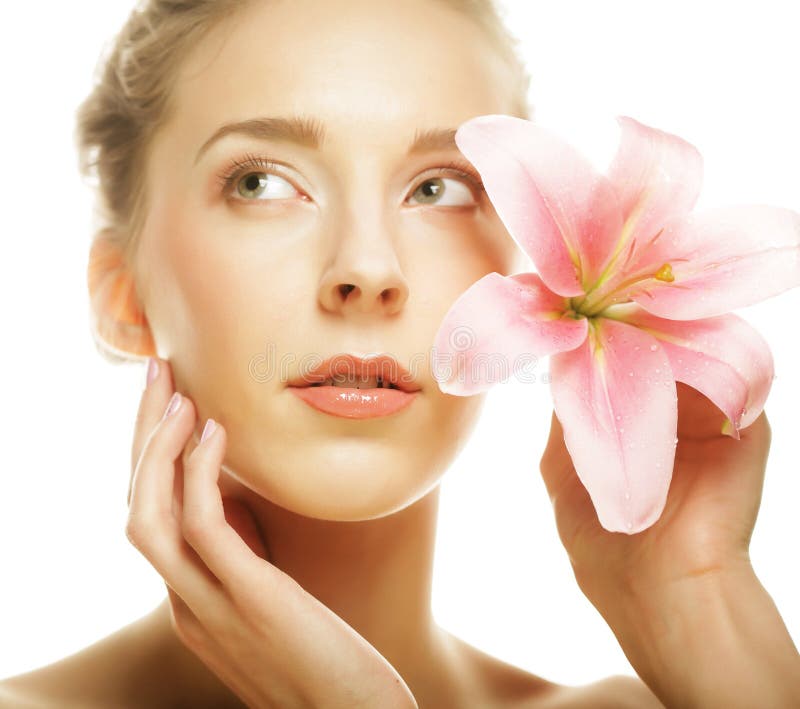 Beauty Face of the Young Woman with Pink Lily Stock Photo - Image of ...