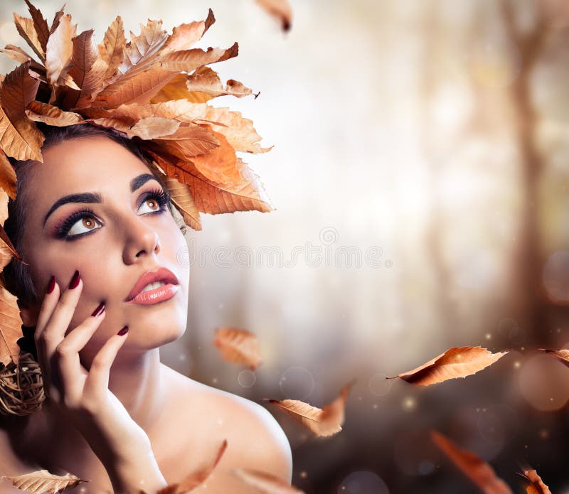 Autumn Woman Blowing Red Leaves Stock Image - Image of design, hair ...