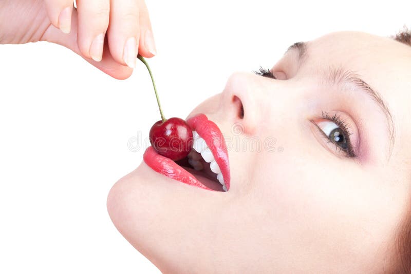 Red lips with cherry stock photo. Image of carefree, inviting - 15385576