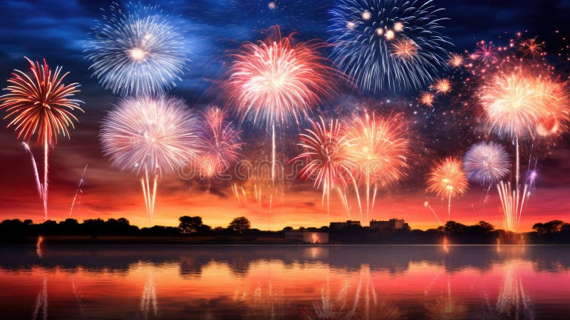 Beauty of the Fireworks Reflect on River or Lake Water Stock Image ...