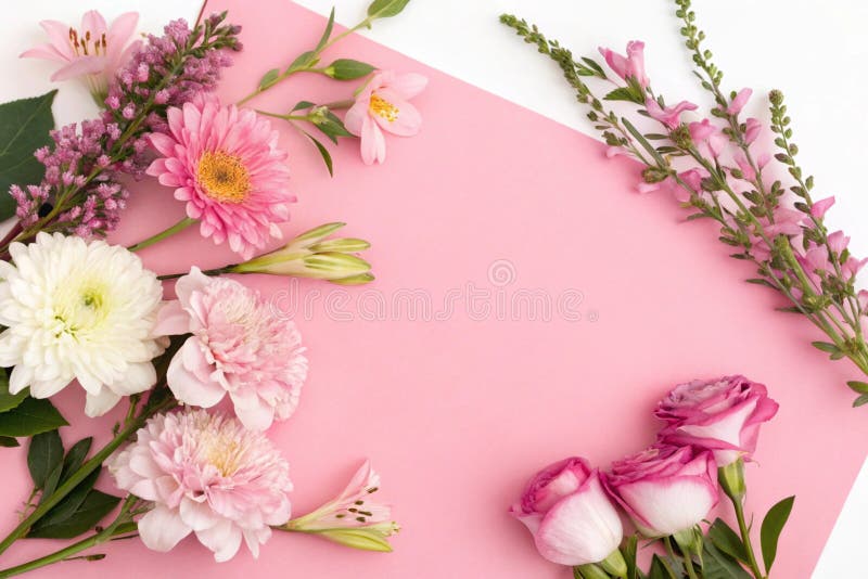 Beauty Flowers Composition on Pink Paper Background. Flat Lay, Top View ...