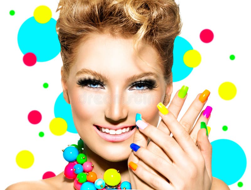 Girl With Fashion Hairstyle And Colorful Nail Polish Stock Image