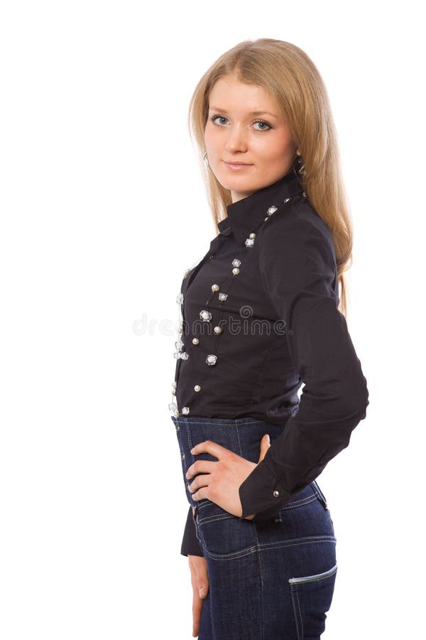 Beauty Girl Dressed in Dark Blue Jeans Stock Photo - Image of blond ...