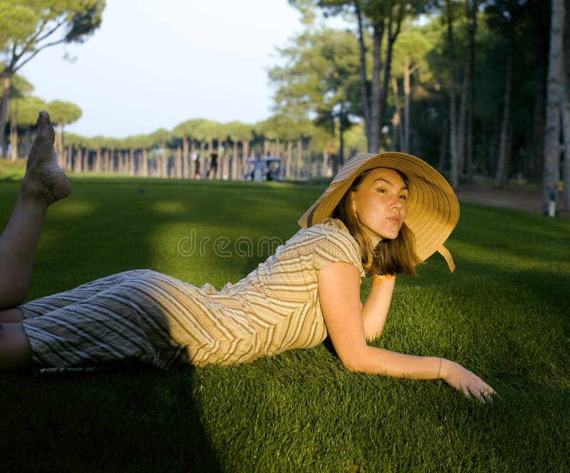 Beauty Girl on Golf Field at Sunset Stock Image - Image of golf ...