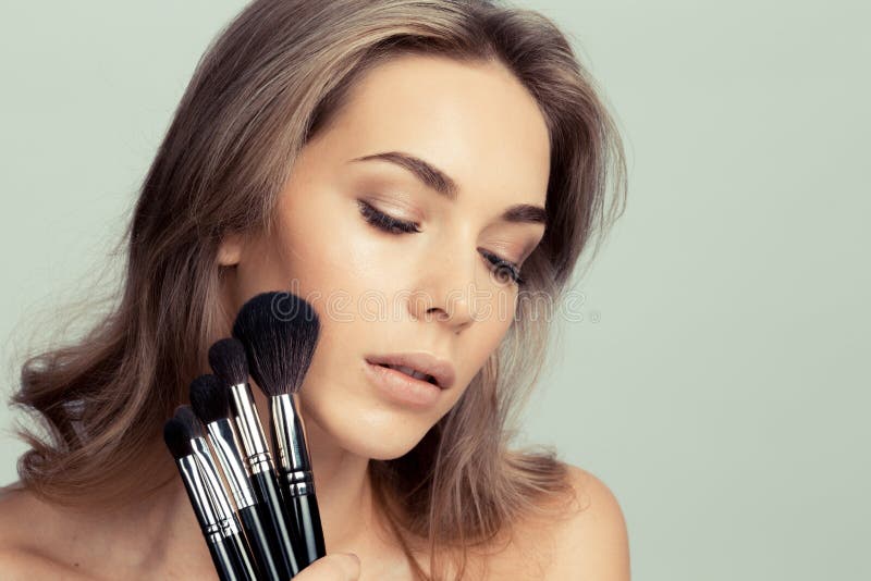 Beauty Girl with Makeup Brushes Stock Image - Image of cosmetic, pink ...