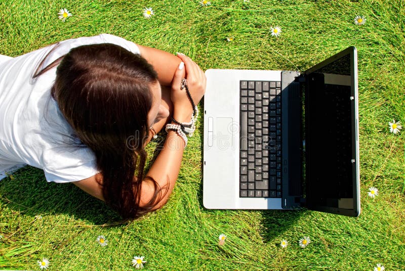 Beauty on a Grass with Computer. Stock Photo - Image of hair, merry ...