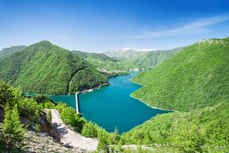 Aerial View of Piva Lake or Pivsko Jezero between Hills Covered with ...