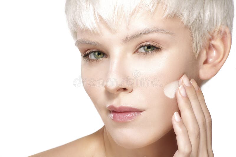 Beauty Model Applying Cosmetic Treatment on Her Skin Stock Image ...