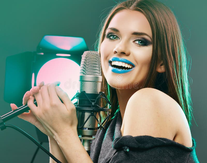 Beauty Model Posing with Microphone. Stock Image - Image of girl ...