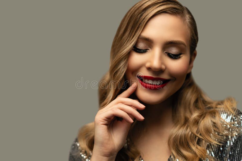 Beauty Model Woman With Long Wavy Hair Red Lips And Beautiful