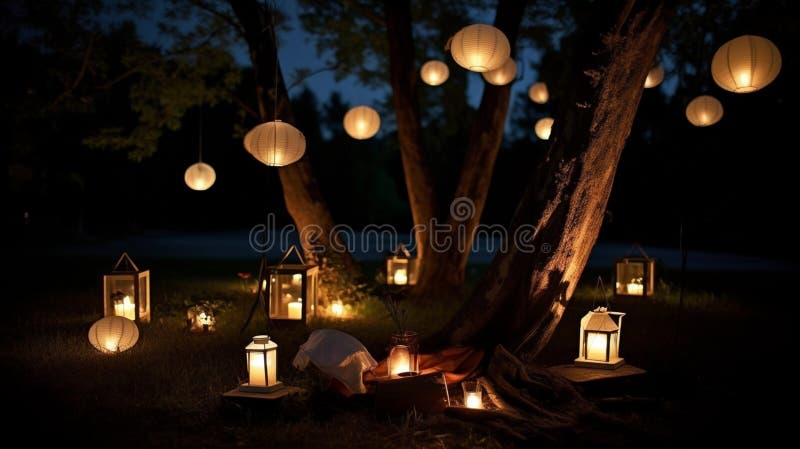 The Beauty of Nature is Illuminated by Glowing Lanterns in a Romantic ...
