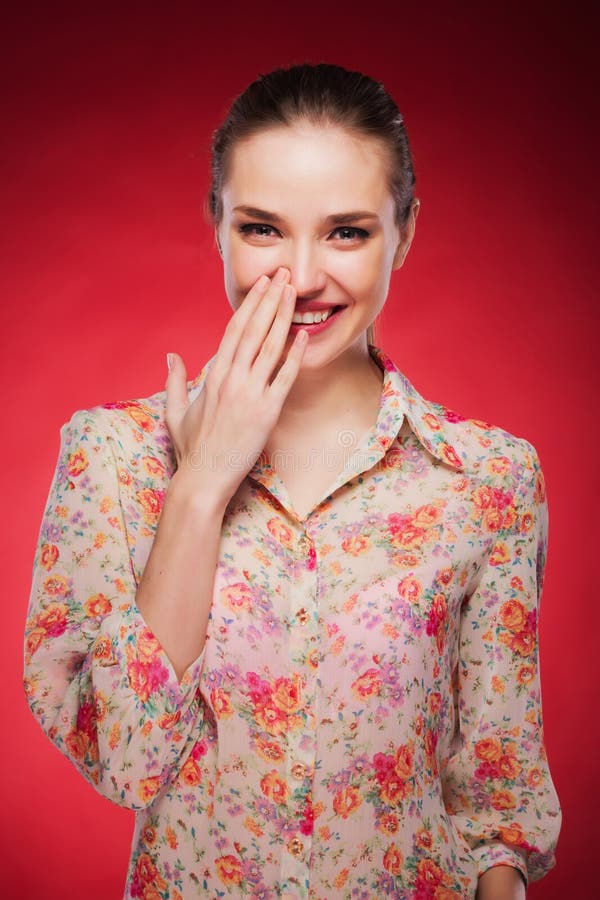 Beauty Photo of an Smiling Model on Red Background Stock Image - Image ...