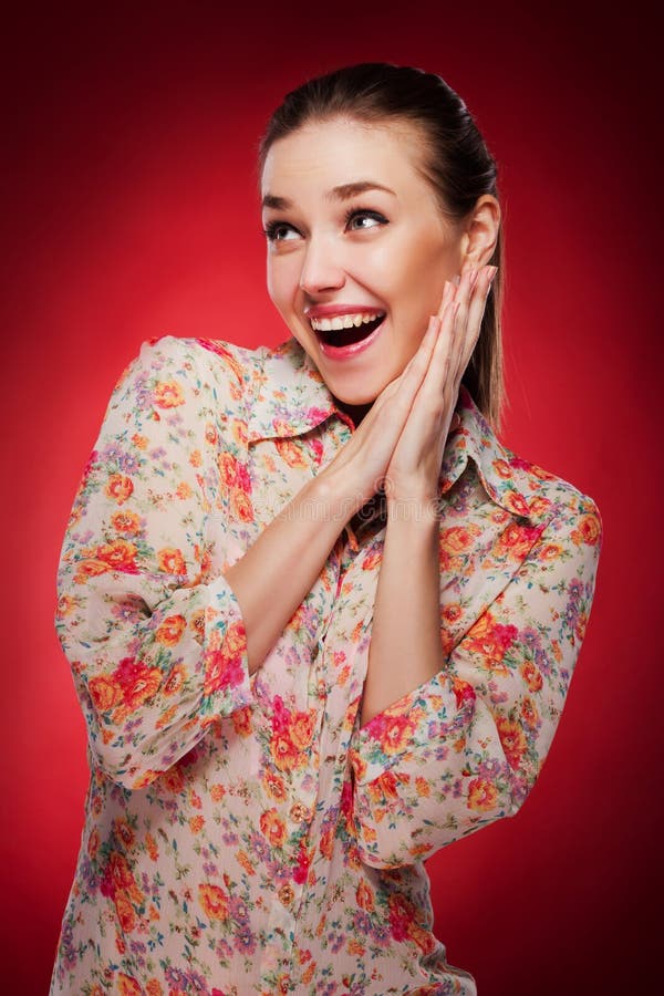Beauty Photo of an Smiling Model on Red Background Stock Image - Image ...