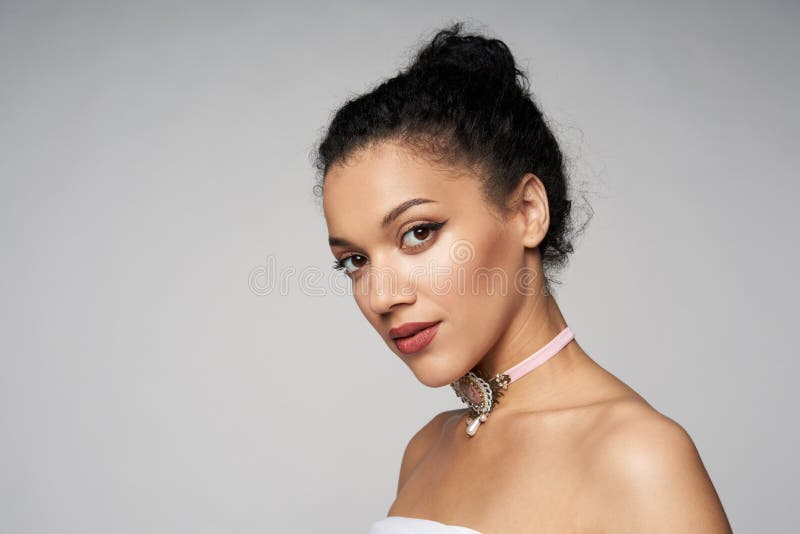 Beauty Portrait Of Beautiful Mixed Race Woman Wearing Chocker Stock