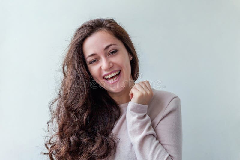 Beauty Portrait Young Happy Positive Brunette Woman On White Background