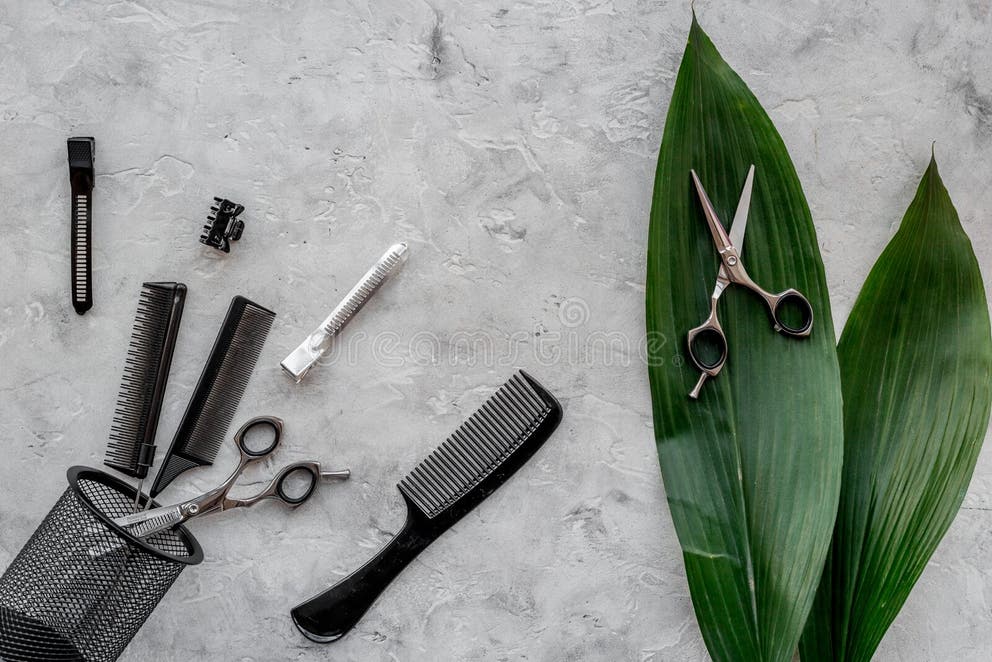 Beauty Saloon. Haidressing Tools on Grey Table Background Top View ...