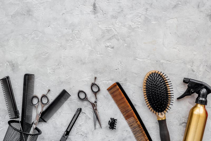 Beauty Saloon. Haidressing Tools on Grey Table Background Top View ...