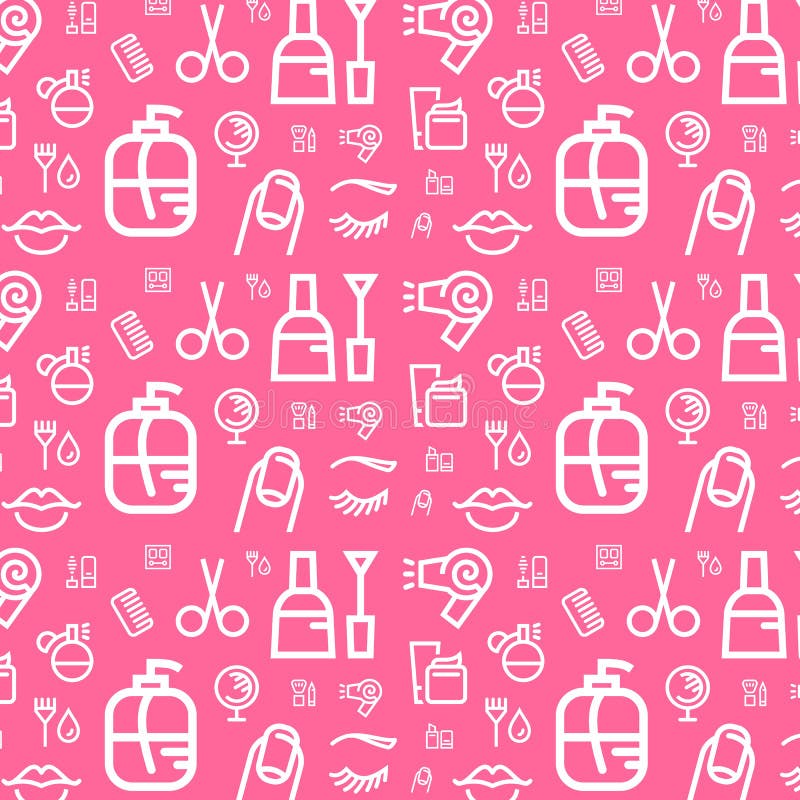 Beauty Seamless Flat Vector Pattern Background Makeup Icons Set Texture Stock Vector