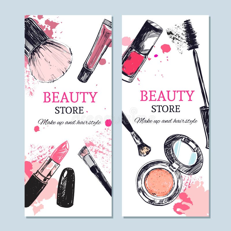 Beauty Store Banner with Make Up Objects. Template Vector. Hand Drawn ...