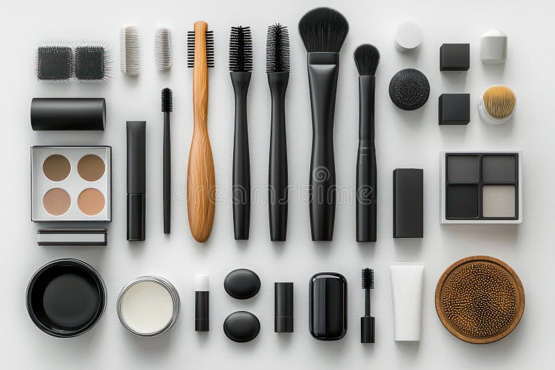 Beauty Tools and Cosmetics Arranged Neatly on White Surface, Showcasing ...
