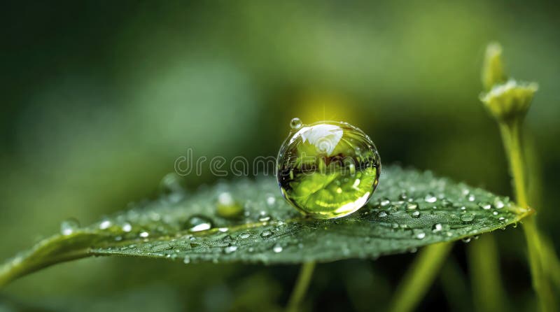 Beauty Transparent Dew Drop of Water on a Green Leaf Macro with Sun ...