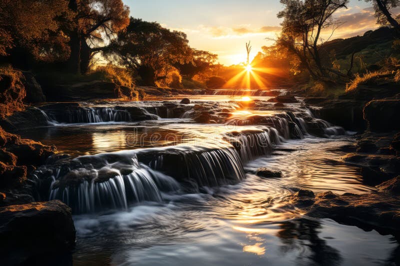 The Beauty of the Waterfall with the Sunrise in the Morning Stock ...