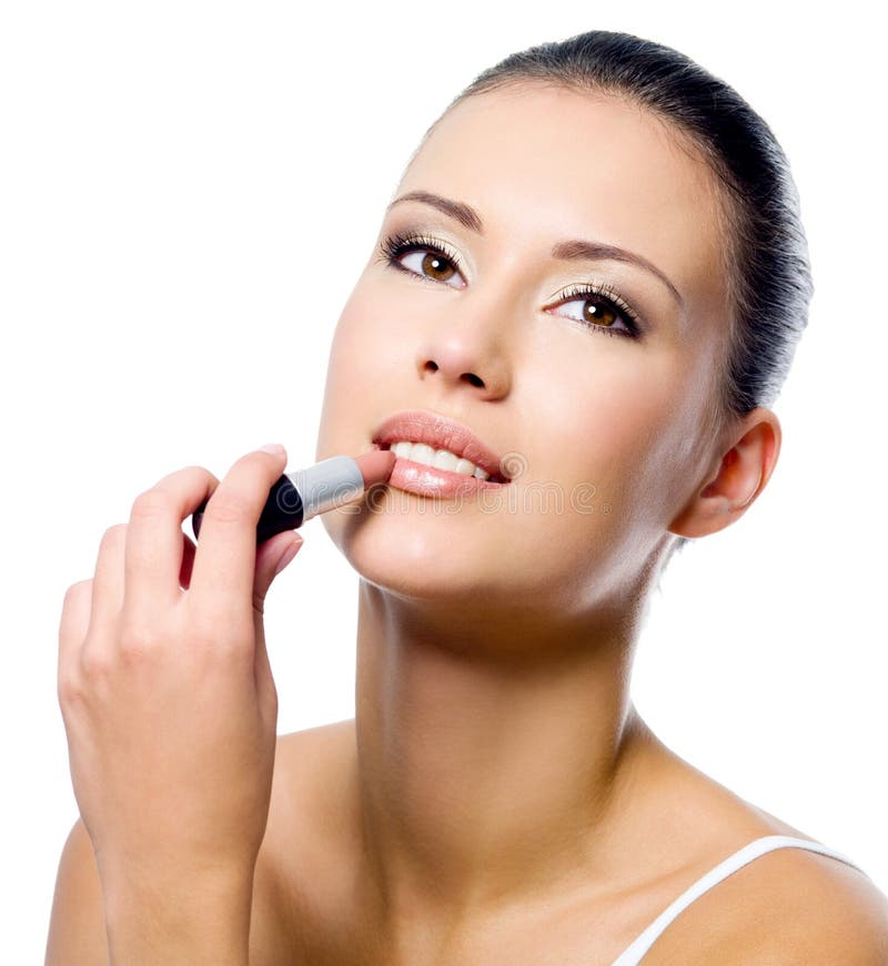 Applying Lipstick Using Lip Concealer Brush Stock Photo - Image of ...
