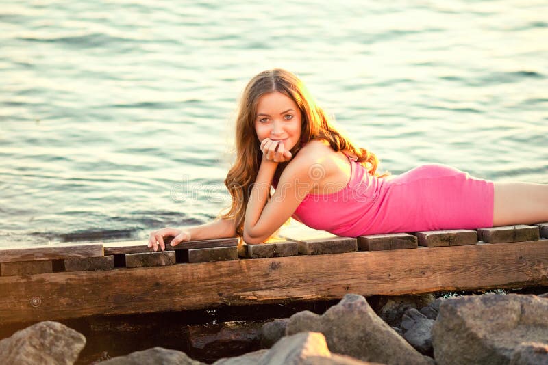 Beauty Woman On The Beach At Sunset Enjoy Nature Stock Image Image