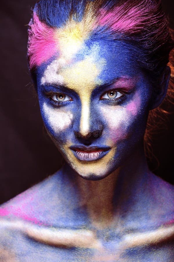 Beauty Woman With Creative Make Up Like Holy Celebration In India