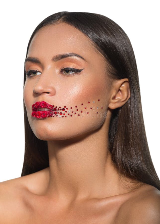 Beauty Woman Face with Creative Make Up Red Lips, Roses on Lips Stock ...