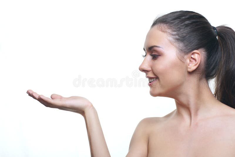Beauty Woman with Hand Palm Up Stock Photo - Image of closeup, fresh ...