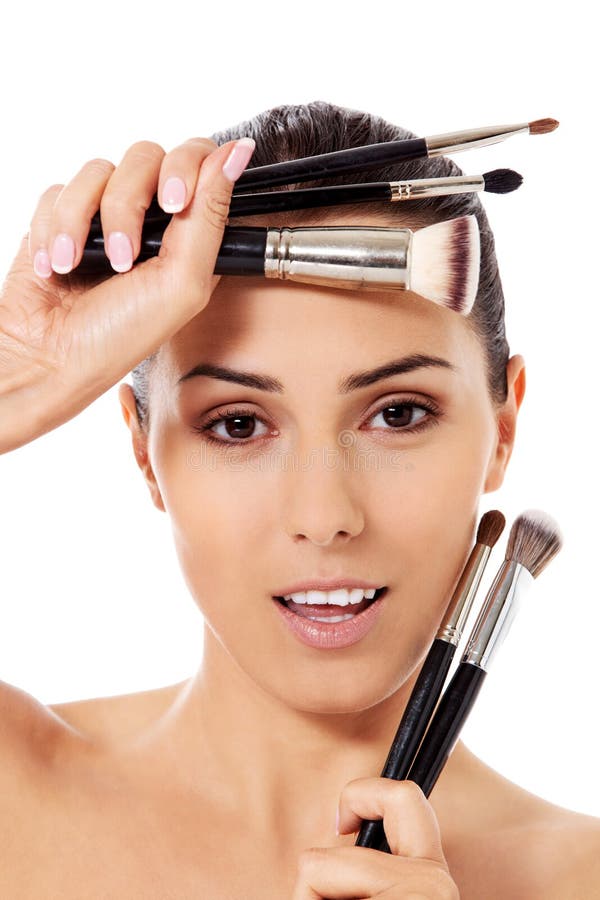 Beauty Woman with Makeup Brushes in Natural Make-up Stock Image - Image ...