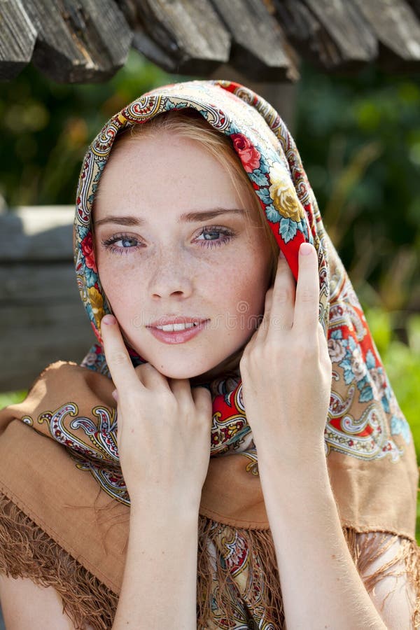 Beauty Woman in the National Patterned Scarf Stock Photo - Image of ...