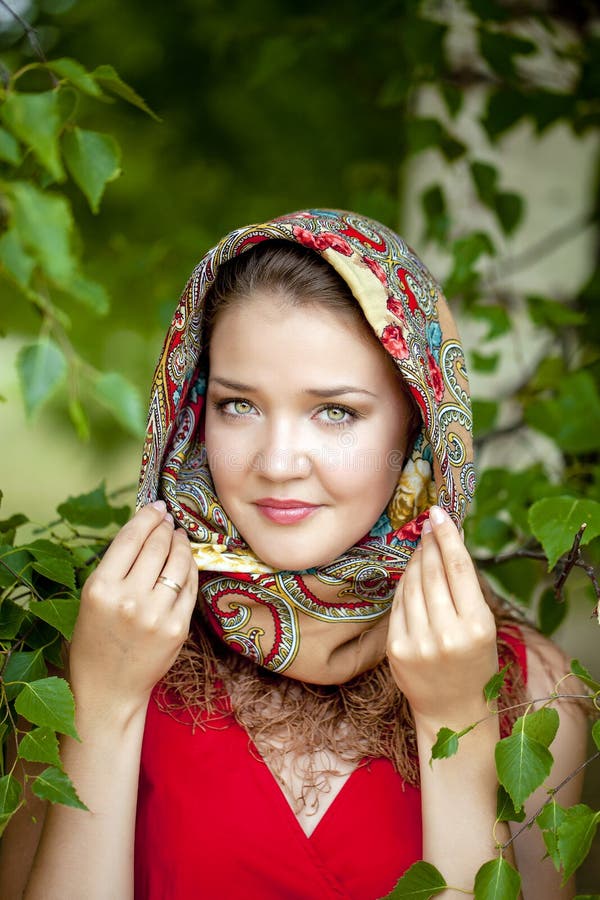 Beauty Woman in the National Patterned Scarf Stock Image - Image of ...